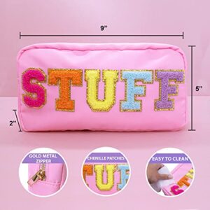 Fablinks Preppy Makeup Pouch, Chenille Varsity Letter Stuff Bag, Pink Nylon Skin Care Patch Bags Organizer, Girls Travel Make Up Skincare Cosmetic Zipper Bags for Women, Teen Easter Basket Stuffers