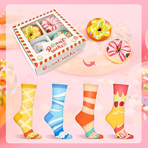 AGRIMONY Funny Donut Socks Box for Women Teen Girls Ladies- Funny Gifts Novelty Donut Gifts Food Fun Funky Cool Cute Crazy Silly Socks Birthday Gifts Ideas Christmas Stocking Stuffers (4 pairs)