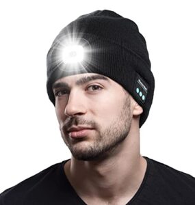 bluetooth beanie hat with light, unique tech gifts for men husband him teen, wireless headphones for fishing jogging working, christmas stocking stuffers black