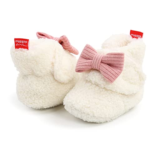 COSANKIM Baby Booties Newborn Boys Girls Fleece Boots Non Slip Grippers Stay On Slipper Socks Infant First Walker Winter Warm Crib Shoes(6-12 months infant, A-white)