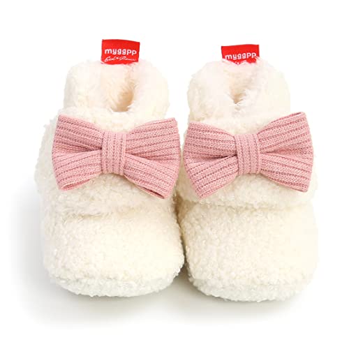 COSANKIM Baby Booties Newborn Boys Girls Fleece Boots Non Slip Grippers Stay On Slipper Socks Infant First Walker Winter Warm Crib Shoes(6-12 months infant, A-white)