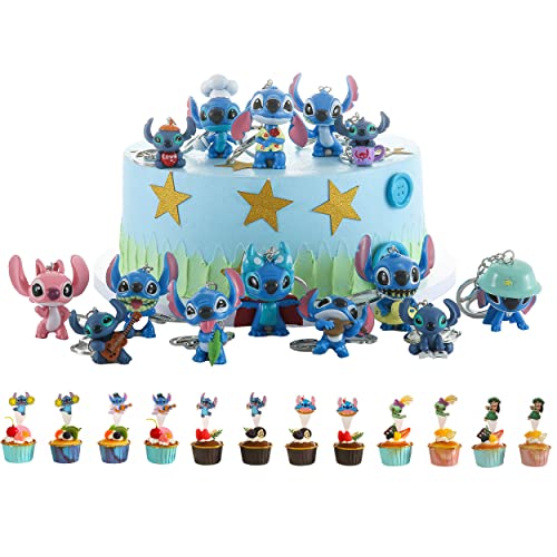 26Pcs Stitch Lilo Cake Topper Cupcake Keychain Angel Theme Birthday Party Supplies Decoration Cartoon Action Figure Figurine Collectible Gift Toys Collection Miniature Statue Stocking Stuffers merchandise Decor Christmas