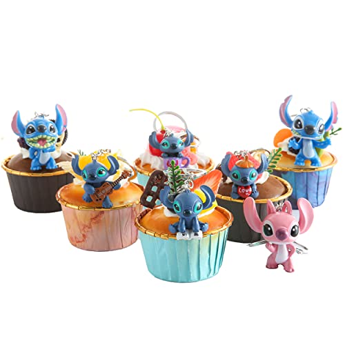 26Pcs Stitch Lilo Cake Topper Cupcake Keychain Angel Theme Birthday Party Supplies Decoration Cartoon Action Figure Figurine Collectible Gift Toys Collection Miniature Statue Stocking Stuffers merchandise Decor Christmas