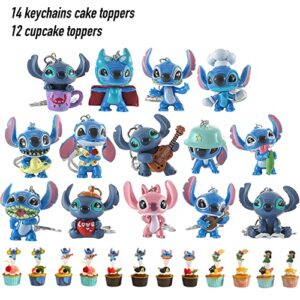 26Pcs Stitch Lilo Cake Topper Cupcake Keychain Angel Theme Birthday Party Supplies Decoration Cartoon Action Figure Figurine Collectible Gift Toys Collection Miniature Statue Stocking Stuffers merchandise Decor Christmas