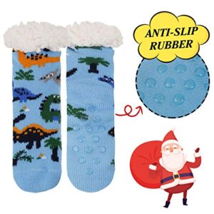 Winter Fuzzy Slipper Socks Kids Girls Boys Fluffy Sherpa Fleece Lined Holiday Christmas Cabin Thermal Warm Soft Cozy Toddler Gripper Non Skid Dinosaur, Stocking Stuffers for Children, Gift for Baby