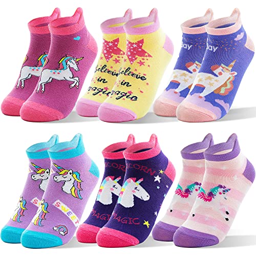 Kids Girls Unicorn Socks Ankle Low Cut No Show Cute Novelty Fashion Cartoon Gifts Stocking Stuffers Socks 6 Pairs (Unicorn,9-14 Y)