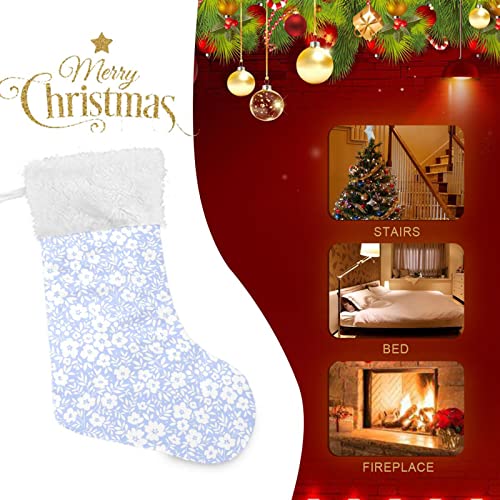 Kigai Christmas Stockings Bright Blue Flowers Large Candy Stockings Stuffers Kids Cute Xmas Sock Decorations 1PC for Home Holiday Party 12" x18"