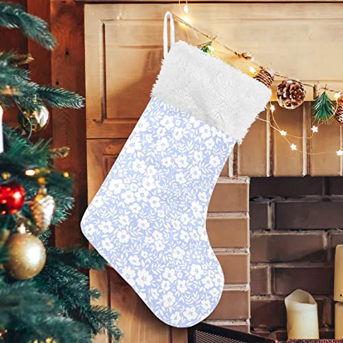 Kigai Christmas Stockings Bright Blue Flowers Large Candy Stockings Stuffers Kids Cute Xmas Sock Decorations 1PC for Home Holiday Party 12" x18"