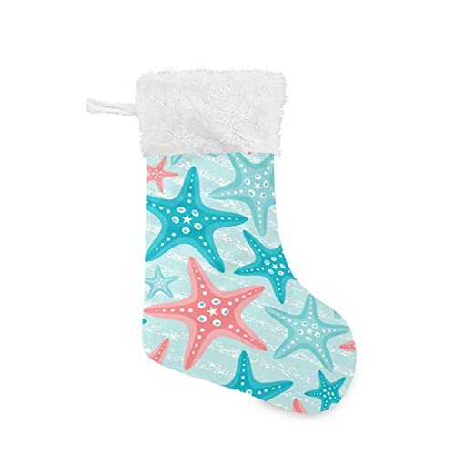 Kigai Christmas Stockings Sea Pattern with Starfish Large Candy Stockings Stuffers Kids Cute Xmas Sock Decorations 1PC for Home Holiday Party 12" x18"