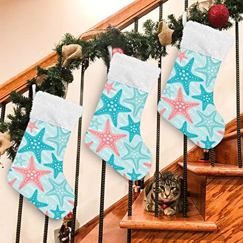 Kigai Christmas Stockings Sea Pattern with Starfish Large Candy Stockings Stuffers Kids Cute Xmas Sock Decorations 1PC for Home Holiday Party 12" x18"