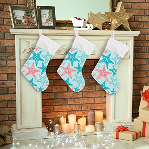 Kigai Christmas Stockings Sea Pattern with Starfish Large Candy Stockings Stuffers Kids Cute Xmas Sock Decorations 1PC for Home Holiday Party 12" x18"