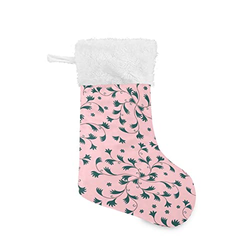 Kigai Christmas Stockings Pink Plant Pattern Large Candy Stockings Stuffers Kids Cute Xmas Sock Decorations 1PC for Home Holiday Party 12" x18"