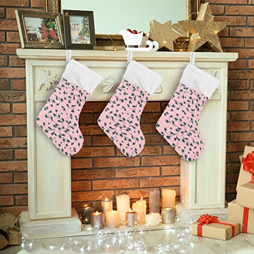 Kigai Christmas Stockings Pink Plant Pattern Large Candy Stockings Stuffers Kids Cute Xmas Sock Decorations 1PC for Home Holiday Party 12" x18"