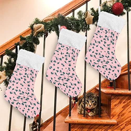 Kigai Christmas Stockings Pink Plant Pattern Large Candy Stockings Stuffers Kids Cute Xmas Sock Decorations 1PC for Home Holiday Party 12" x18"