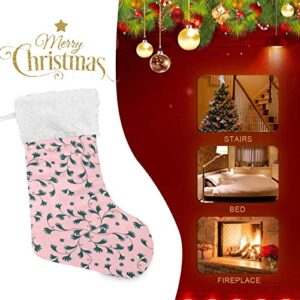 Kigai Christmas Stockings Pink Plant Pattern Large Candy Stockings Stuffers Kids Cute Xmas Sock Decorations 1PC for Home Holiday Party 12" x18"