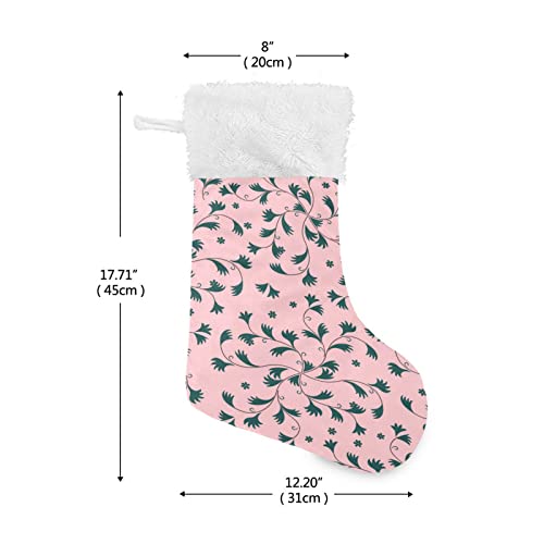 Kigai Christmas Stockings Pink Plant Pattern Large Candy Stockings Stuffers Kids Cute Xmas Sock Decorations 1PC for Home Holiday Party 12" x18"