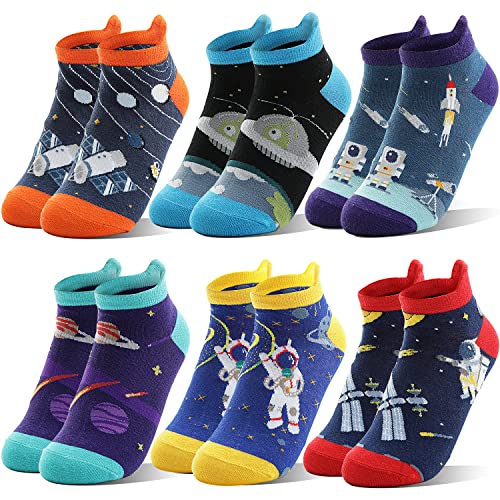 Welwoos Kids Boys Ankle Socks No Show Low Cut Funny Cute Cartoon Novelty Cotton Socks 6 Pairs Gifts Stocking Stuffers for Boys Kids(Space,,9-14 Y)