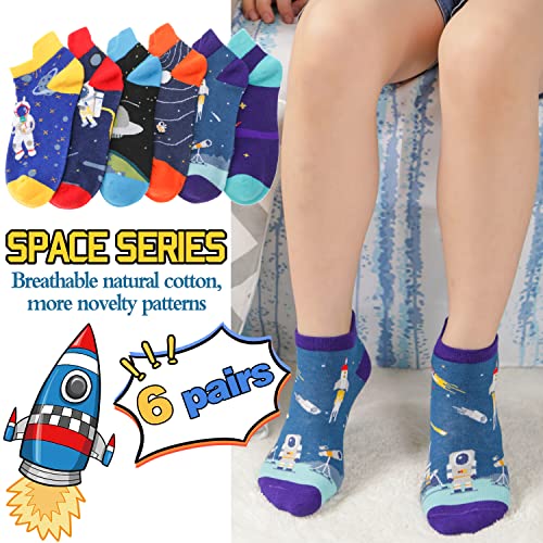 Welwoos Kids Boys Ankle Socks No Show Low Cut Funny Cute Cartoon Novelty Cotton Socks 6 Pairs Gifts Stocking Stuffers for Boys Kids(Space,,9-14 Y)