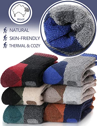 Anlisim Kids Merino Wool Hiking Socks Boys Girls Toddlers Thermal Winter Warm Boot Thick Cushion Snow Ski Gift Stocking Stuffer Socks 6 Pairs (Check, 12-15 Y)