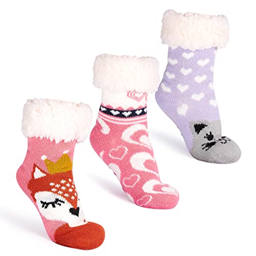 Cozople Winter Kids Fuzzy Slipper Socks Soft Thermal Non Skid Stockings for Girls Pink Cat Graphic Warm Fluffy Fleece Lined Home Socks with Grippers Think Christmas Stocking Stuffers for Girls 5-8T