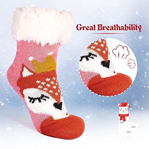 Cozople Winter Kids Fuzzy Slipper Socks Soft Thermal Non Skid Stockings for Girls Pink Cat Graphic Warm Fluffy Fleece Lined Home Socks with Grippers Think Christmas Stocking Stuffers for Girls 5-8T