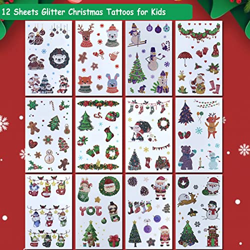 CHARLENT Glitter Christmas Tattoos for Kids - 12 Sheets Christmas Tattoos for Kids Christmas Xmas Party Favors, Stocking Stuffer, Christmas Eve Gift