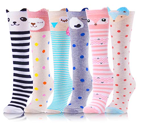 ANTSANG Kids Girls Knee High Socks Long Boot Crazy Silly Fun Gift Cute Tall Animal Socks for Child 6 Pairs Stocking Stuffers Gifts for 10 Year Old Girls Gifts Ideas (Animal A(6 Pairs))