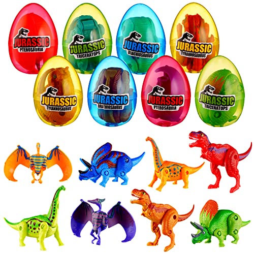 Dinosaurs Easter Eggs Stuffer 8 Pack, Jumbo Easter Basket Stuffers Easter Eggs Filled, Cute Easter Party Favors for Boys Girls Dinosaur Toys, Colorful Easter Gifts for Toddler Kids Easter Egg Hunts