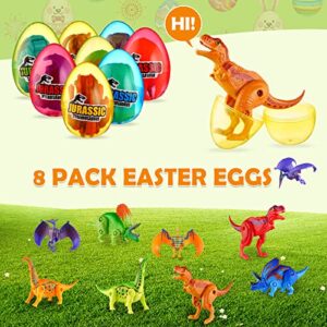 Dinosaurs Easter Eggs Stuffer 8 Pack, Jumbo Easter Basket Stuffers Easter Eggs Filled, Cute Easter Party Favors for Boys Girls Dinosaur Toys, Colorful Easter Gifts for Toddler Kids Easter Egg Hunts