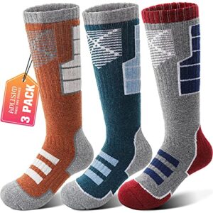 anlisim kids merino wool ski socks for girls boys teen thermal winter warm thick hiking knee high socks stocking stuffers for skiing snowboarding (red / orange / green a, 8-12 y)