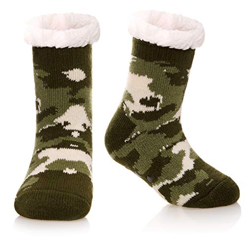 Kids Boys Girls Fuzzy Slipper Socks Soft Warm Thick Fleece lined Christmas Stockings For Child Toddler Winter Home Socks (Green Camouflage, 5-8 Years)