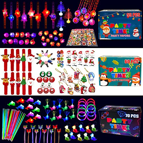 S SWIRLLINE 185 PCS Christmas Party Favors for Kids Prizes - Glow in The Dark Bulk Toys Pinata Fillers - Christmas Stocking Stuffers and Light Up Party Supplies