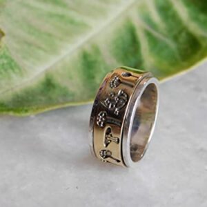 Personalized Silver Mushroom 925 Sterling Silver ring, Mushroom spinner Ring, Women Girls Girlfriends, Wedding Band, Forest Jewelry, Engraved Ring, Stocking Stuffer, (6), Silver & brass, 4 - 14 Size