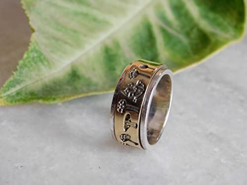 Personalized Silver Mushroom 925 Sterling Silver ring, Mushroom spinner Ring, Women Girls Girlfriends, Wedding Band, Forest Jewelry, Engraved Ring, Stocking Stuffer, (6), Silver & brass, 4 - 14 Size