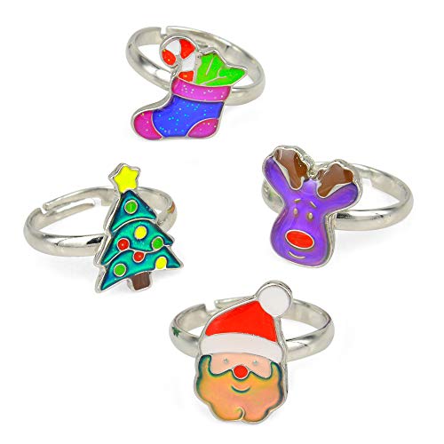 FUN JEWELS VALUE PACK Set of 4 Santa, Christmas Tree, Stocking, Reindeer Color Change Kids Mood Ring, Size Adjustable, Christmas Toy Stocking Stuffer For Boys and Girls Christmas Gifts