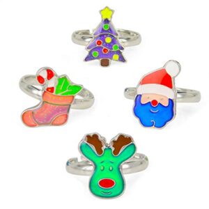 FUN JEWELS VALUE PACK Set of 4 Santa, Christmas Tree, Stocking, Reindeer Color Change Kids Mood Ring, Size Adjustable, Christmas Toy Stocking Stuffer For Boys and Girls Christmas Gifts