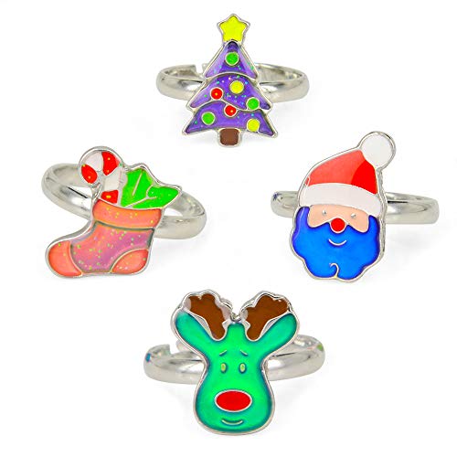 FUN JEWELS VALUE PACK Set of 4 Santa, Christmas Tree, Stocking, Reindeer Color Change Kids Mood Ring, Size Adjustable, Christmas Toy Stocking Stuffer For Boys and Girls Christmas Gifts