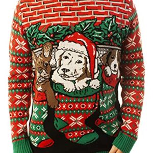 Ugly Christmas Party Sweater Men's- Unisex Dogs/Puppies Stocking Stuffers-Large Puppies in Stocking Red