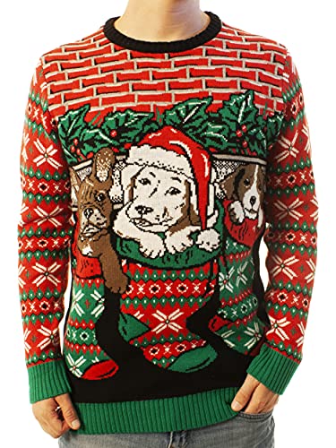 Ugly Christmas Party Sweater Men's- Unisex Dogs/Puppies Stocking Stuffers-Large Puppies in Stocking Red