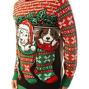 Ugly Christmas Party Sweater Men's- Unisex Dogs/Puppies Stocking Stuffers-Large Puppies in Stocking Red