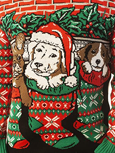 Ugly Christmas Party Sweater Men's- Unisex Dogs/Puppies Stocking Stuffers-Large Puppies in Stocking Red