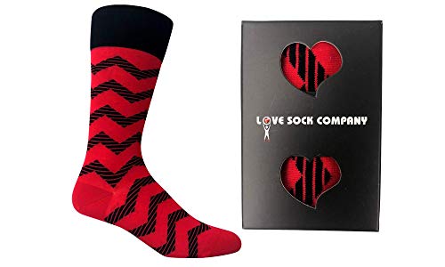 Love Sock Company Zig Zag Red Dress Socks Black Stripes - Individually Gift Box - Groomsmen socks - Christmas stocking Stuffers - Organic Cotton - Made in Europe (Red, 1)