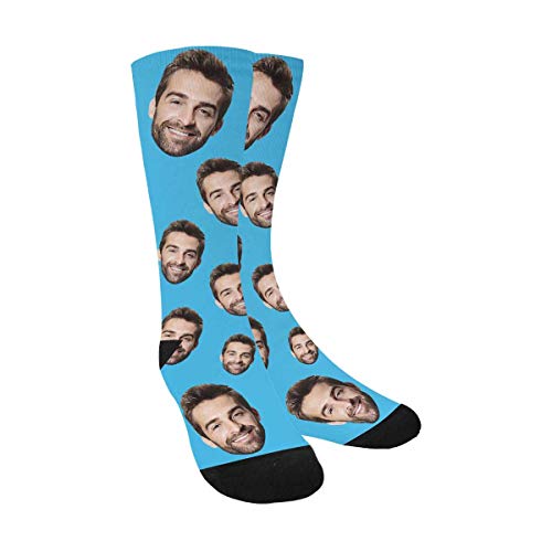 Custom Print Your Photo Pet Face Socks, Personalized Change Men Face Size Crew Socks for Men Women Blue