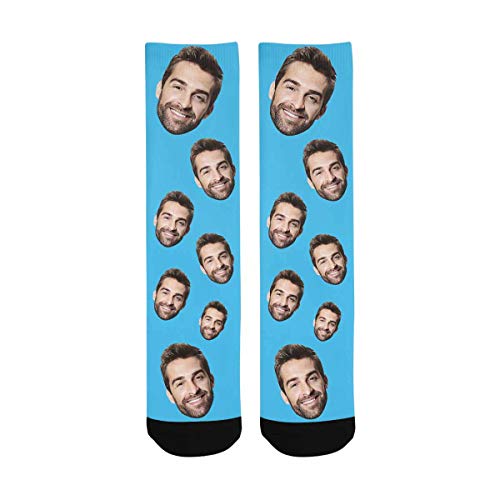 Custom Print Your Photo Pet Face Socks, Personalized Change Men Face Size Crew Socks for Men Women Blue