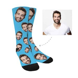 Custom Print Your Photo Pet Face Socks, Personalized Change Men Face Size Crew Socks for Men Women Blue