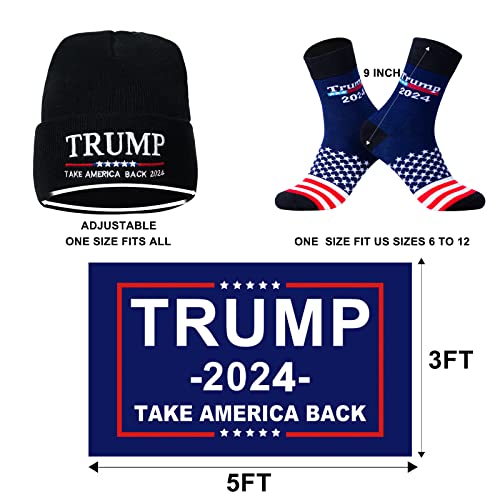 Trump 2024 Flag 3X5 Feet Beanie Hat and Novelty Socks for Men Women,Christimas Gifts Stocking Stuffers for Father Dad Grandpa