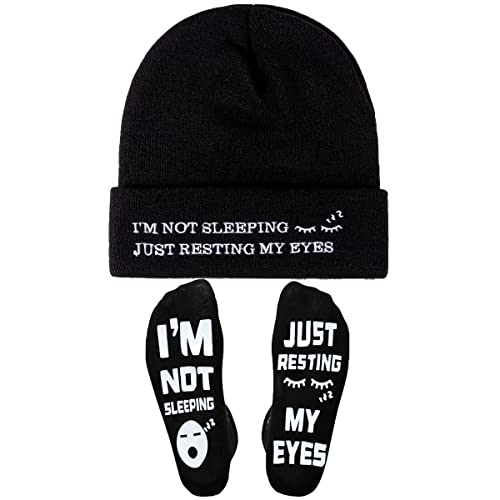 Christmas Birthday Gifts for Dad Grandpa,Stocking Stuffers for Men Women,Im Not Sleeping Just Resting My Eyes Funny Socks Beanie Hat Set