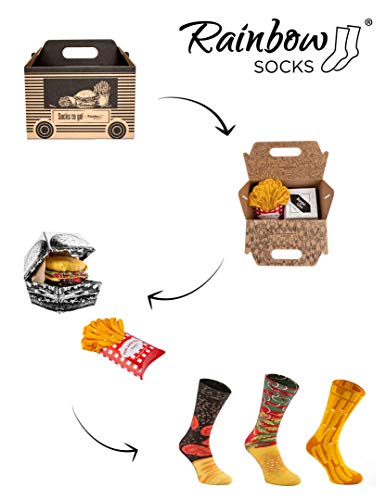 Rainbow Socks - Men Women Funny - 4 Pairs - Burger Fries - Size US 5.5-9