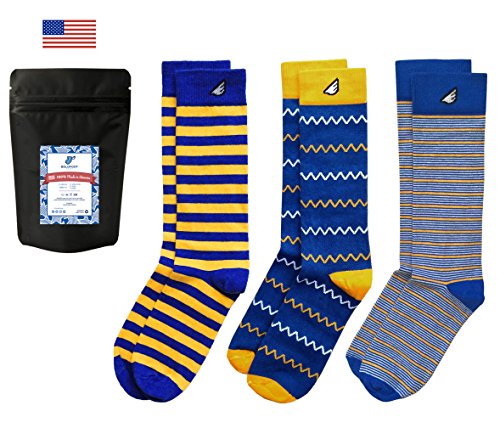 Blue & Gold Dress Socks Men Fun Color-ful Gift 3-Pack Awesome Happy, Made in USA