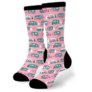 atuedesty funny dress socks for men and women happy camp pink retro flamingo camping novelty leisure socks athletic lightweight crew sock for running indoor outdoor boat cold weather wear